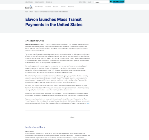 Elavon launches Mass Transit Payments in the United States | News | Elavon